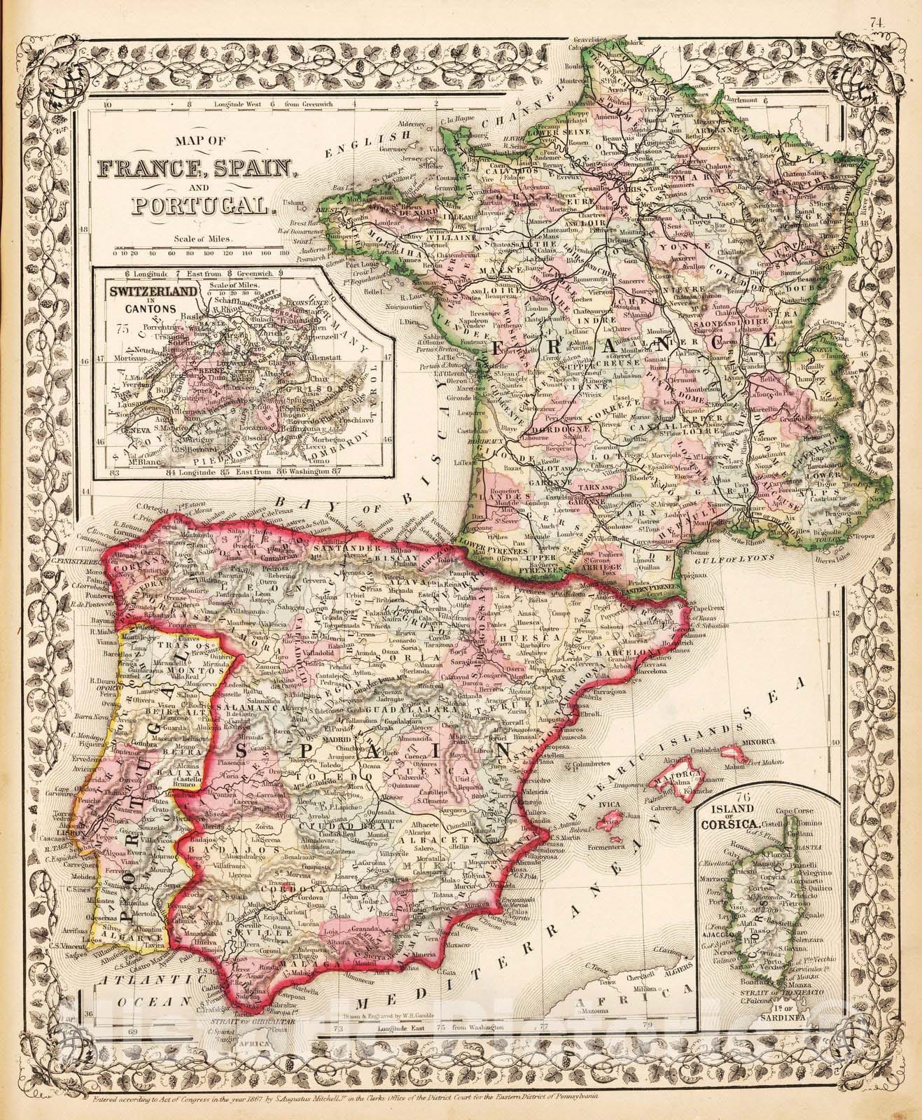 Historic Map : 1868 Map of France, Spain, and Portugal - Vintage Wall ...