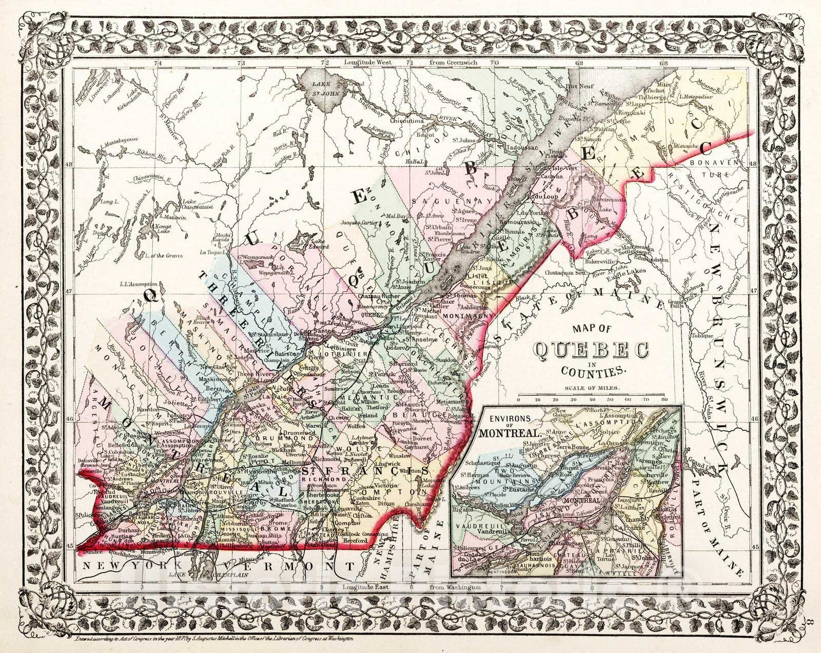 Historic Map : 1874 Map of Quebec in counties - Vintage Wall Art ...