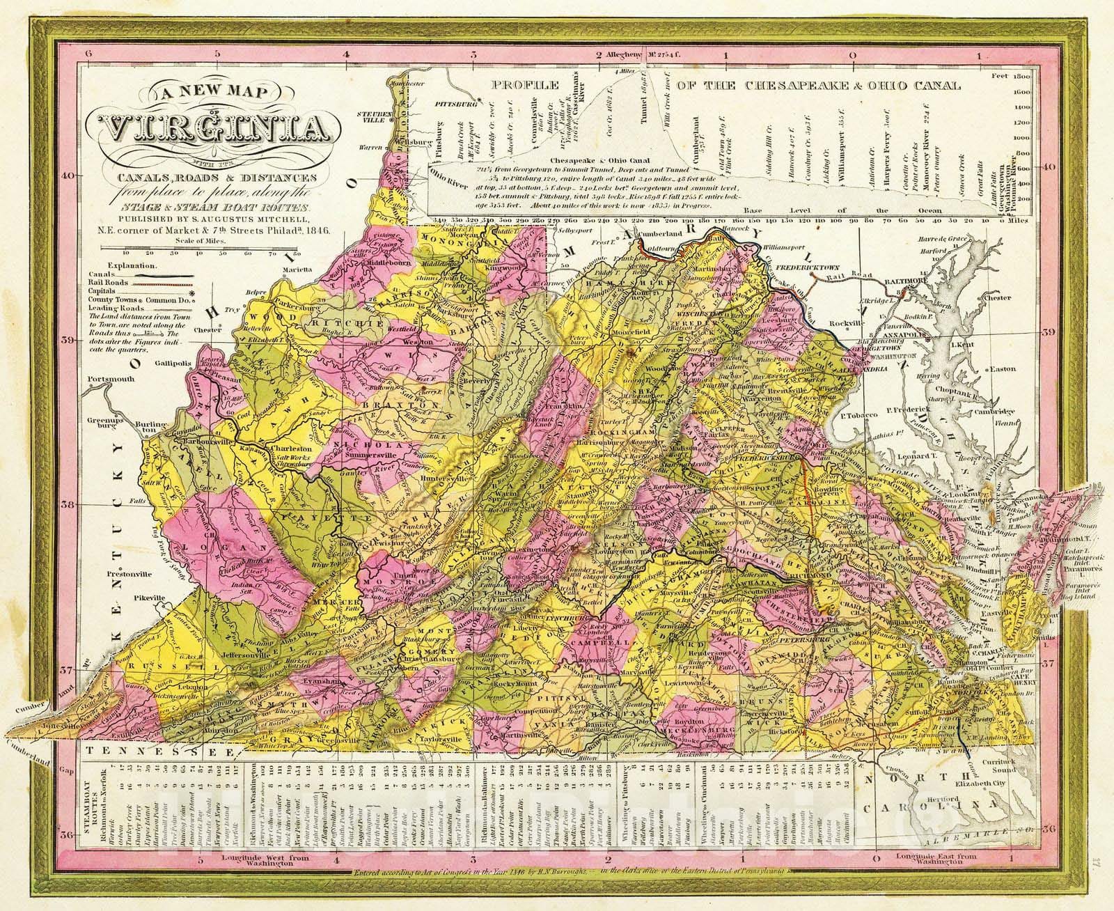 Historic Wall Map : 1846 New Map Of Virginia. - Vintage Wall Art ...