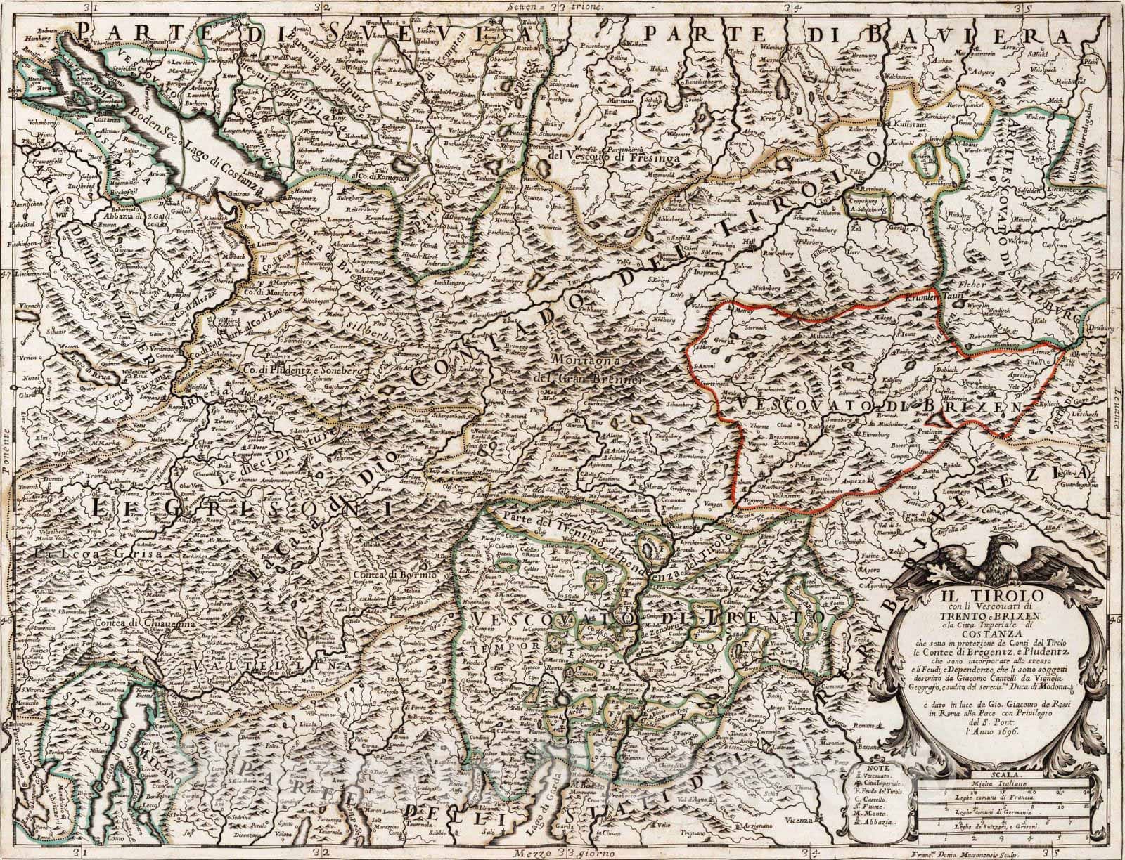 Historic Map : Austria, , Europe 1696 Il Tirolo con li Vescouati di Tr ...