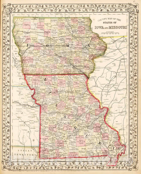 Historic Map : 1868 County map of the States of Iowa and Missouri - Vi ...