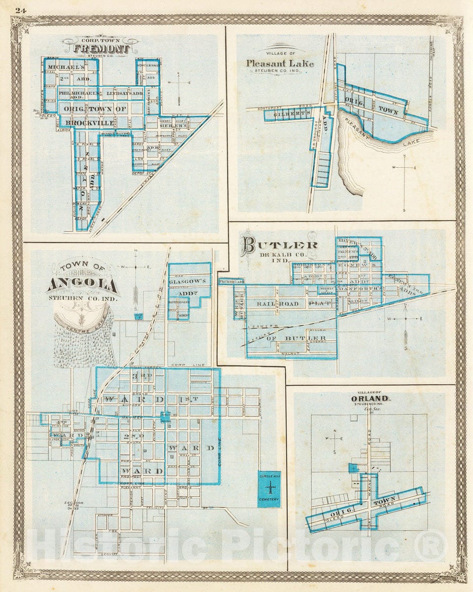 Historic Map : 1876 Town of Angola (with) Fremont, Pleasant Lake, Butl ...