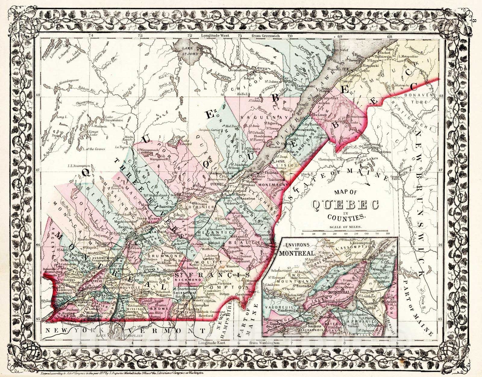 Historic Map : 1877 Map of Quebec in Counties - Vintage Wall Art ...