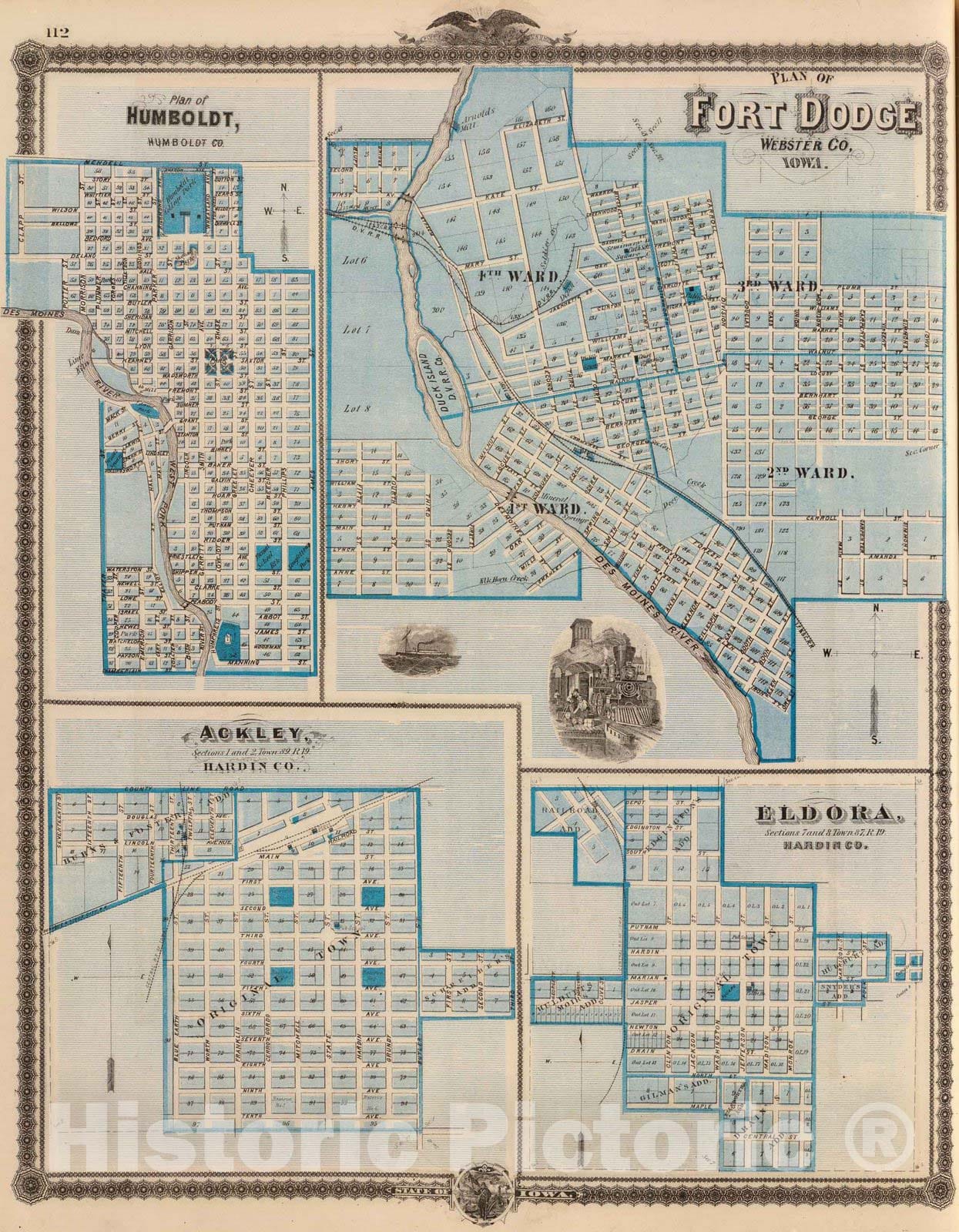 Historic Map - 1875 Plans of Fort Dodge, Humboldt, Ackley and Eldora ...