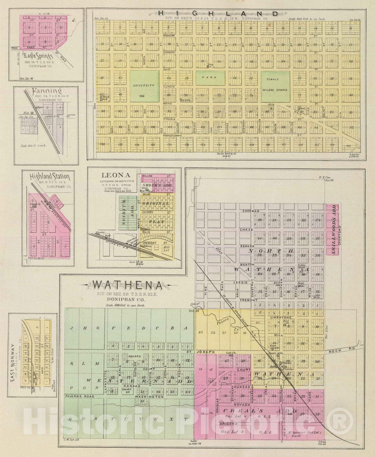 Historic Wall Map : 1887 Highland, Wathena, Eagle Springs, Fanning, Hi ...