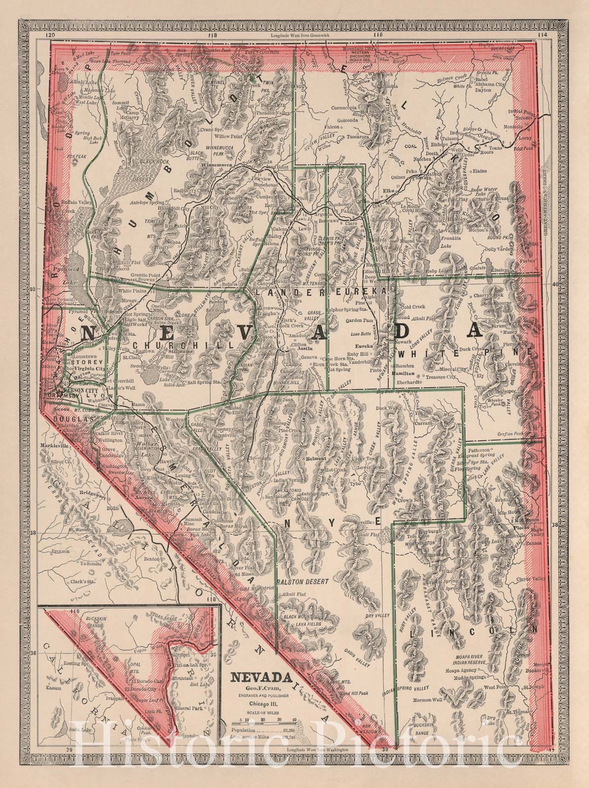 Historic Map : 1883 Map of Nevada : Vintage Wall Art – Historic Pictoric