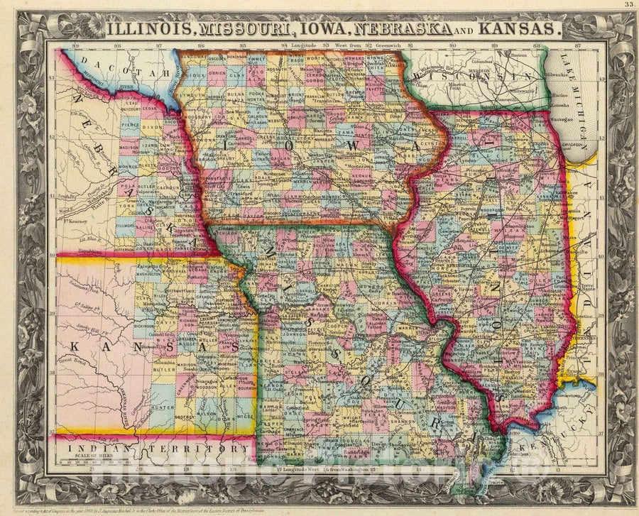 Historic Map : 1860 Illinois, Missouri, Iowa, Nebraska And Kansas. - V ...