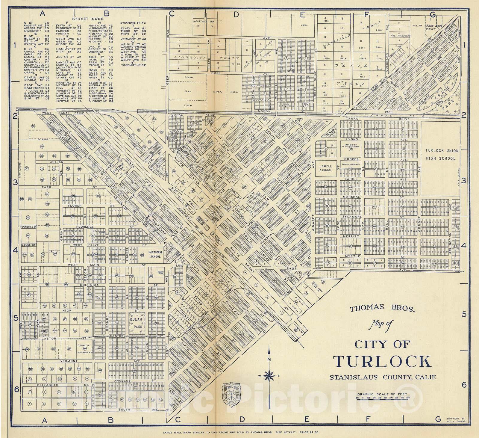 Historic Map : 1938 Thomas Bros. Map of City of Turlock, Stanislaus Co ...