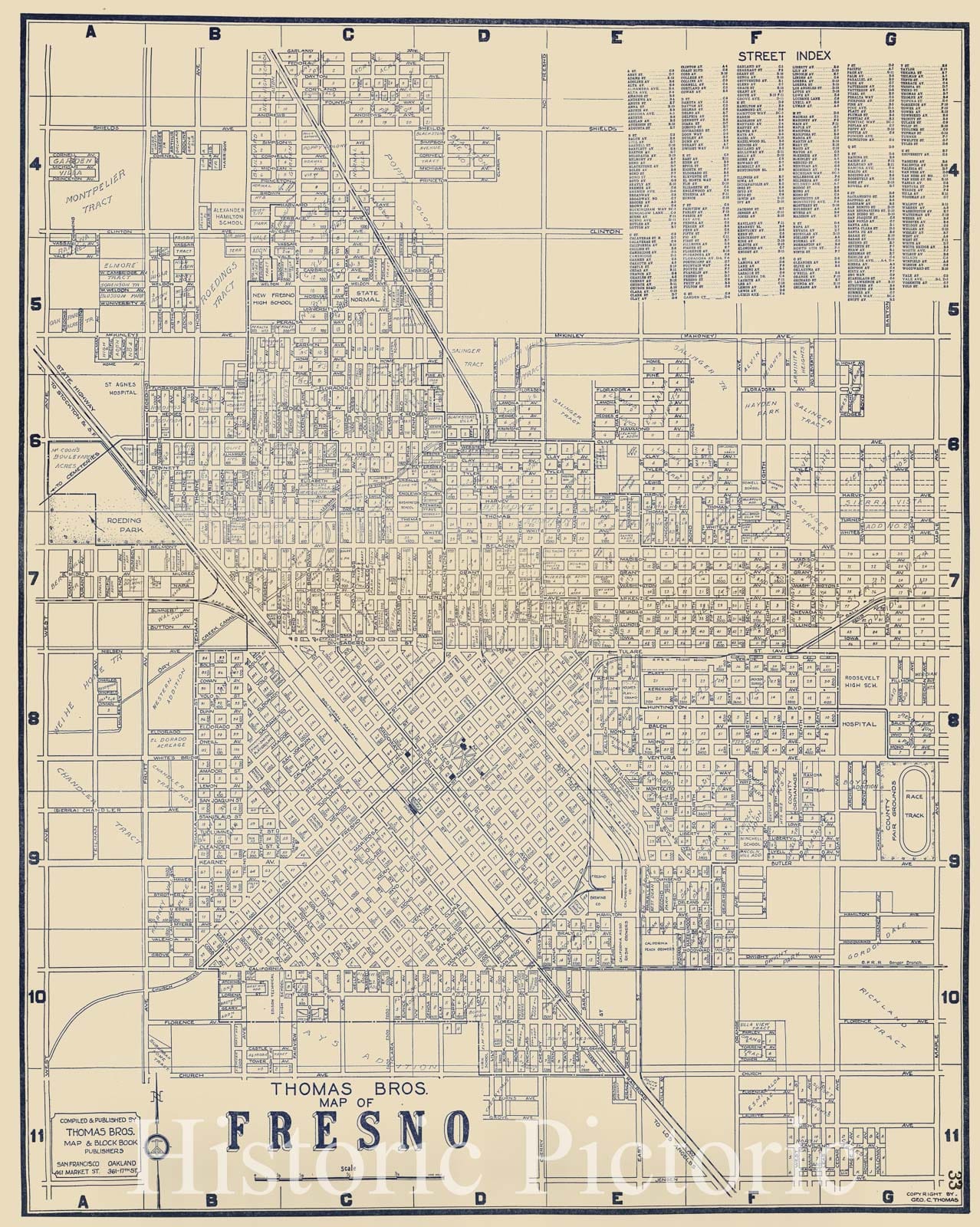 Fresno California Road Map 1938 Thomas Bros Print | Historic Pictoric