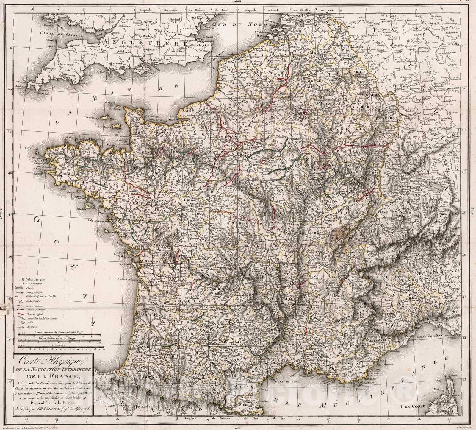 Historic Map : France, 1804 Carte physique de la navigation interieure ...