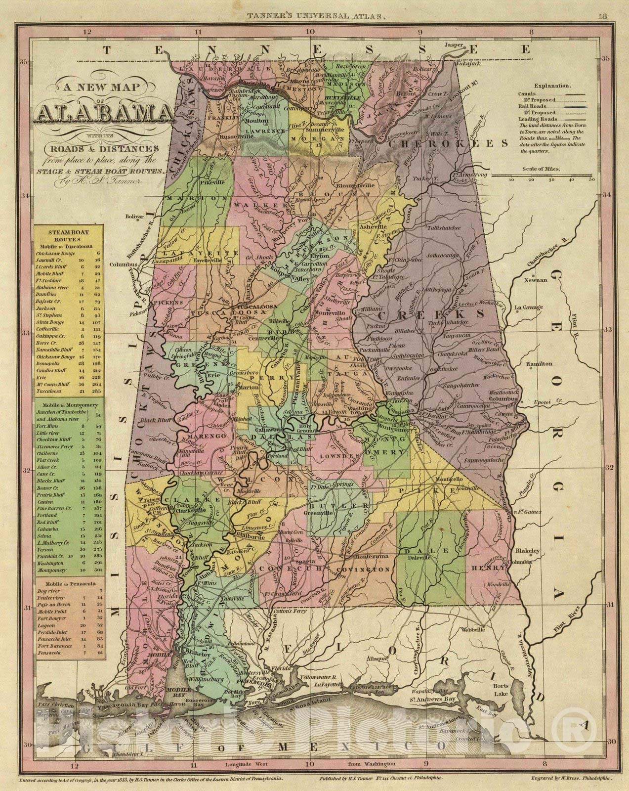 Historic Map : 1836 New Map Of Alabama. - Vintage Wall Art – Historic ...