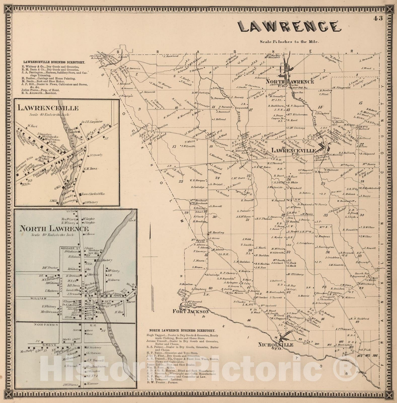 Historic Map : 1865 Lawrence. Lawrenceville. North Lawrence, Saint Law ...