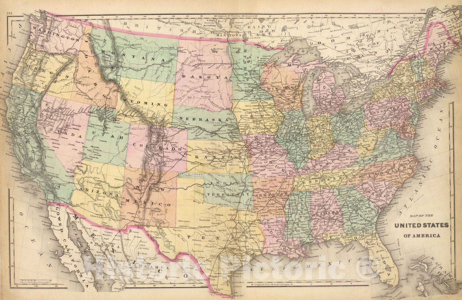 Historic Map : 1873 Map of the United States of America. - Vintage Wal ...