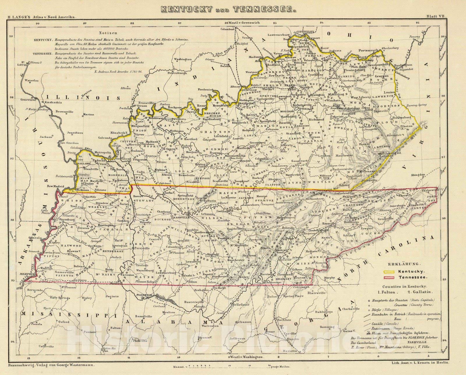 Historic Wall Map : Kentucky, 1854 Kentucky und Tennessee. , Vintage W ...