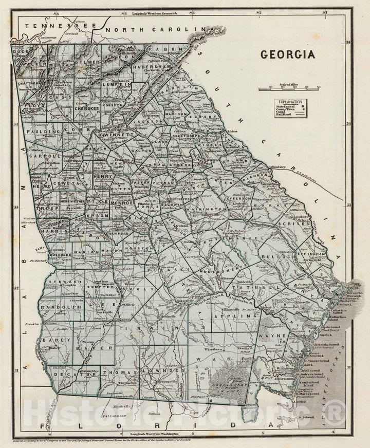 Historic Map : National Atlas - 1845 Georgia. - Vintage Wall Art ...