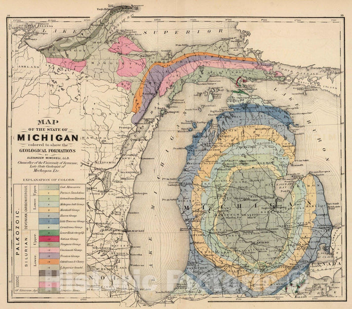 Historic Map : 1873 Map of the State of Michigan colored to show the g ...