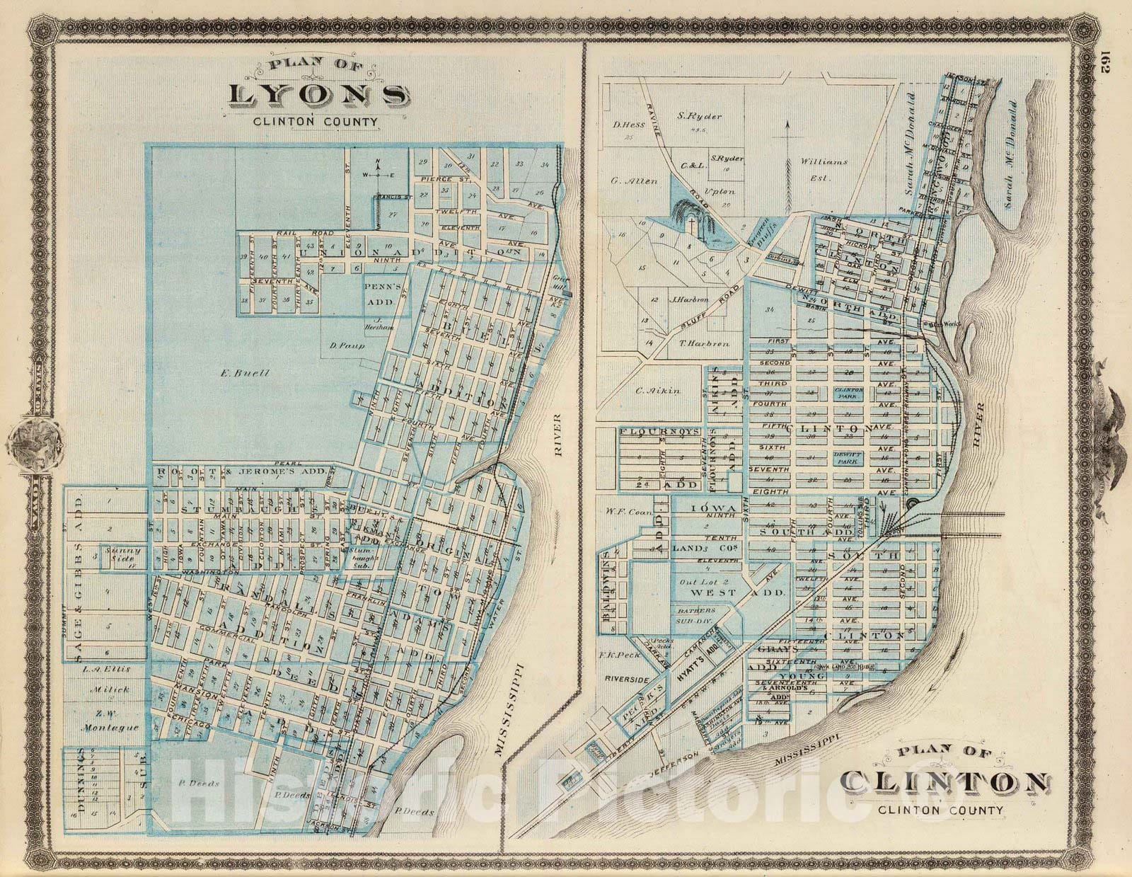 Historic Map : 1875 Plans of Lyons and Clinton, Clinton County, State ...