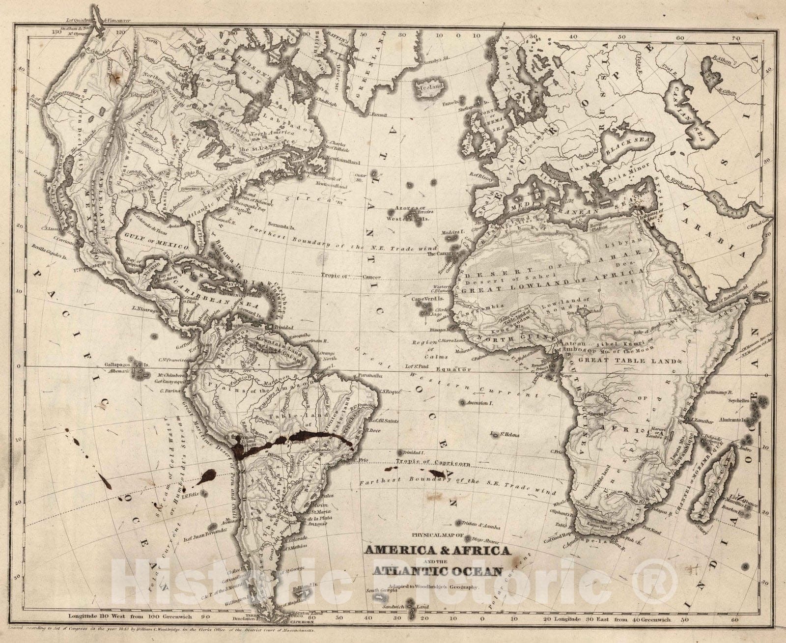 Historic Map : School Atlas - 1849 Physical Map Of America & Africa An ...