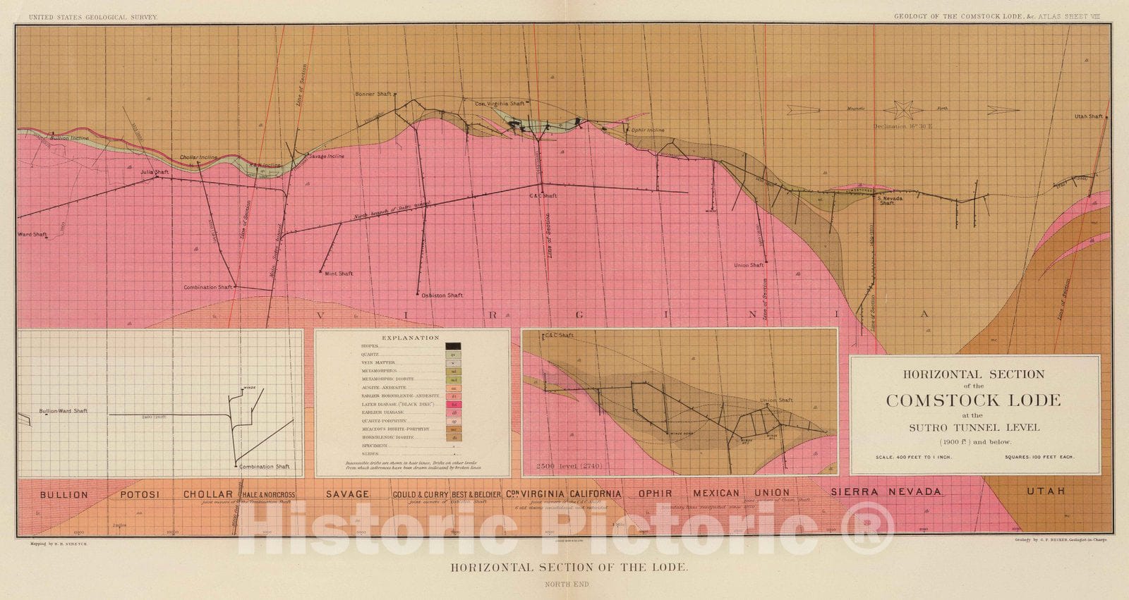 Historic Map : Geologic Atlas - 1882 Horizontal Section of the Comstoc ...