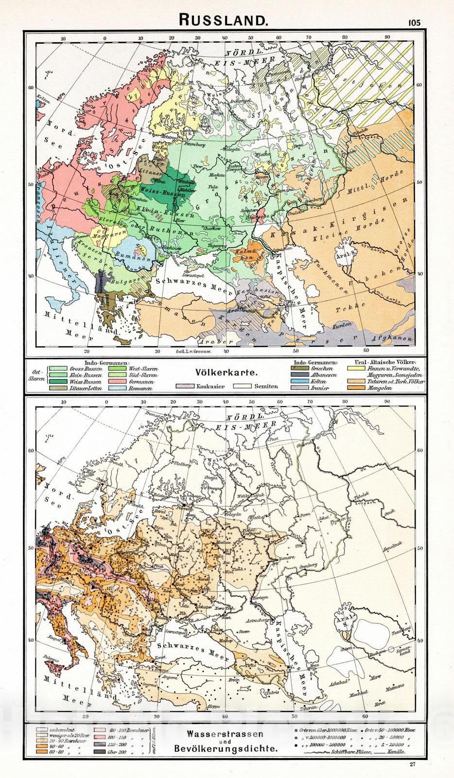 Historic Map : Russia, , Europe 1896 Russland. Volkerkarte. Wasserstra ...