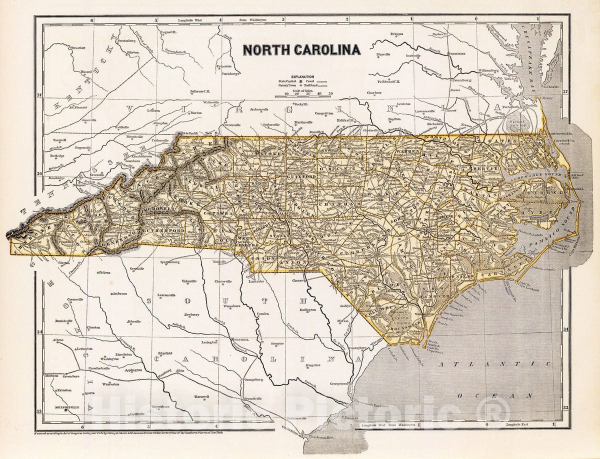 Historic Map : National Atlas - 1845 North Carolina. - Vintage Wall Ar ...