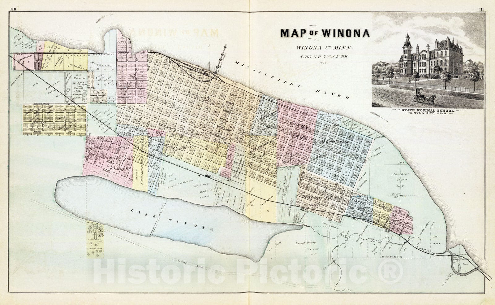 Historic Map : 1874 Map of Winona, Minn, with view of State Normal Sch ...