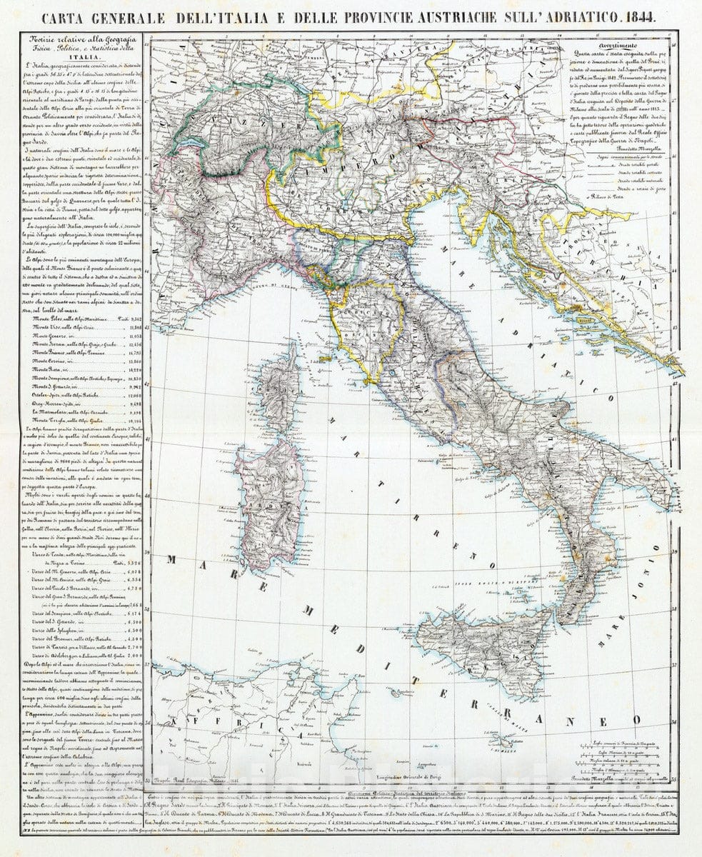 Historic Map : Italy, 1844 Carta generale dell'Italie e delle provinci ...