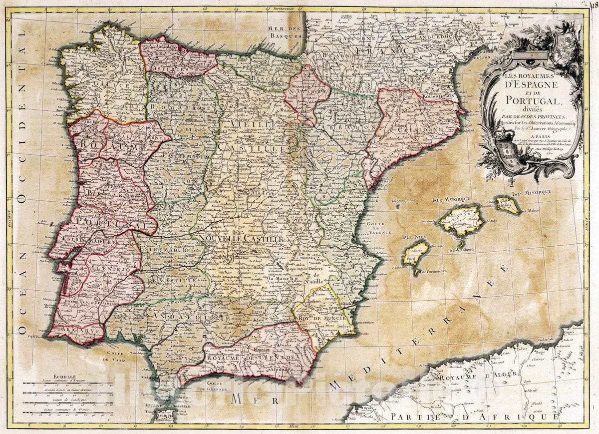 Historic Wall Map : Spain, , Europe 1760 Les Royaumes d'Espagne et de ...