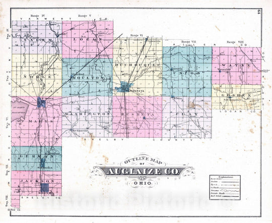 Historic Map : 1880 Outline Map of Auglaize County, Ohio. - Vintage Wa ...