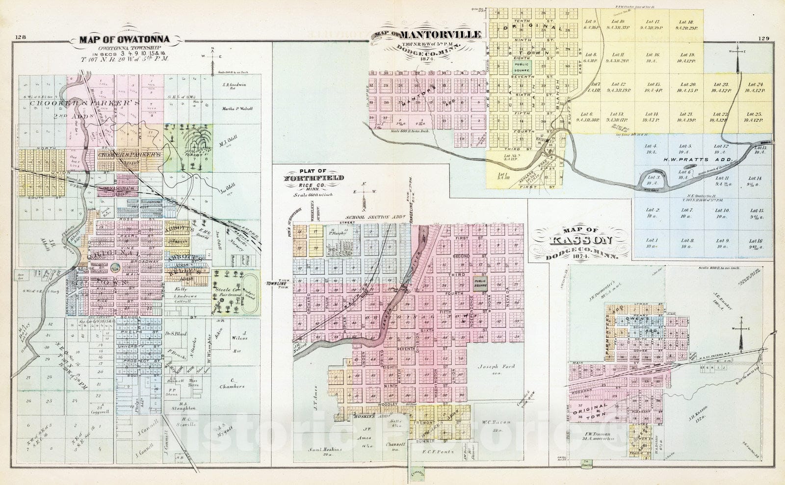 Historic Map : 1874 Map of Owatonna, Map of Mantorville, Plat of North ...