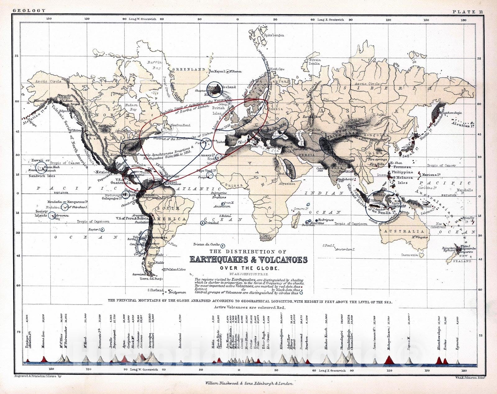 Historic Map : 1852 Distribution of Earthquakes & Volcanoes over the G ...