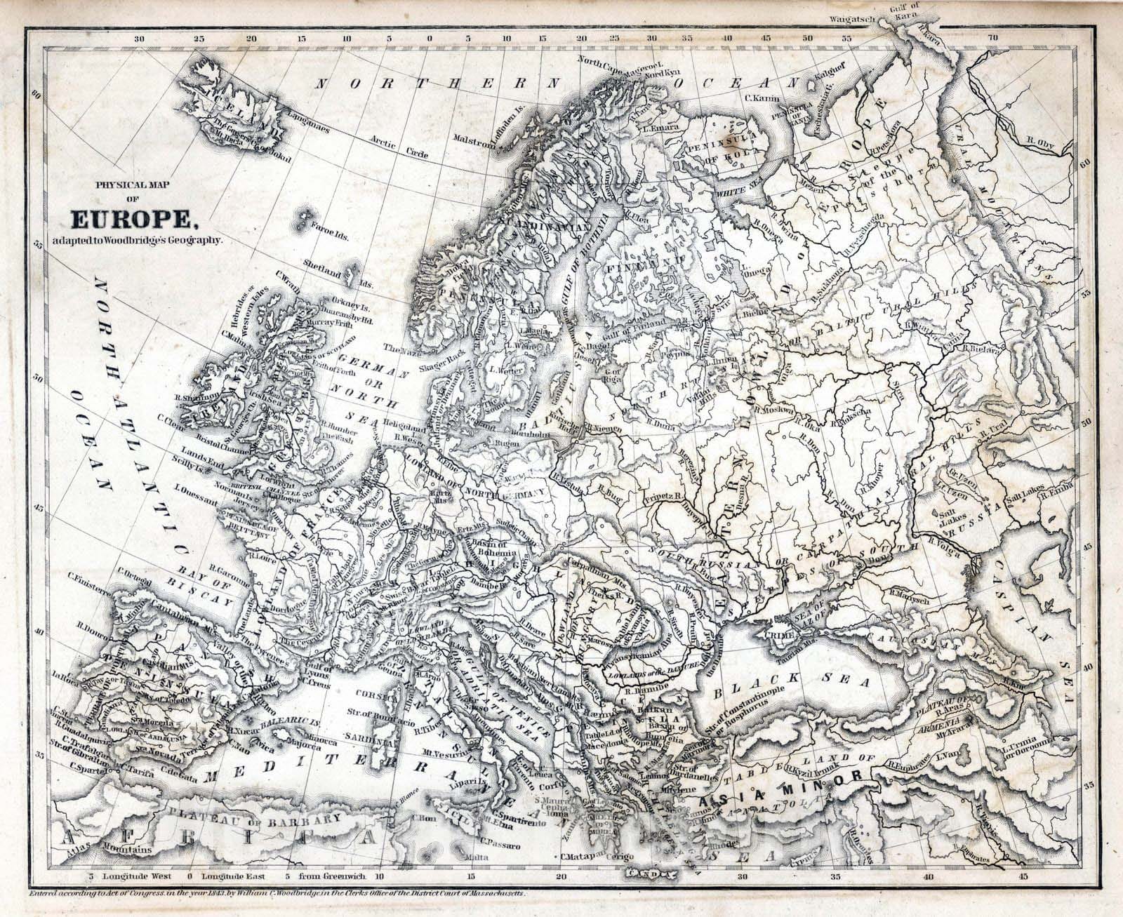 Historic Map : School Atlas - 1849 Physical Map Of Europe - Vintage Wa ...