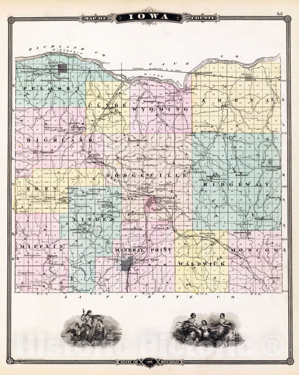 Iowa County Wisconsin Map 1878 Historical Print | Historic Pictoric