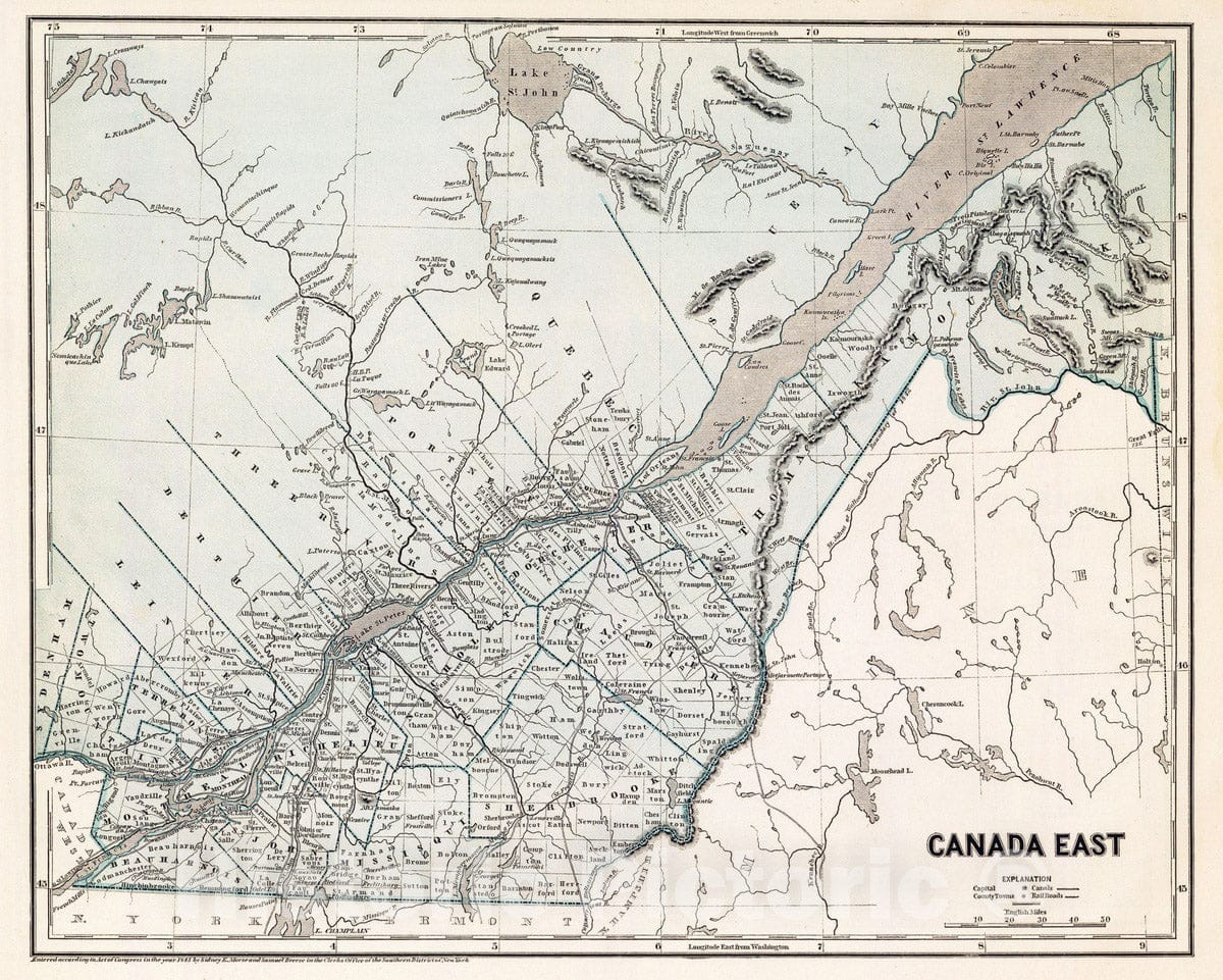 Historic Map : National Atlas - 1845 Canada East. - Vintage Wall Art ...