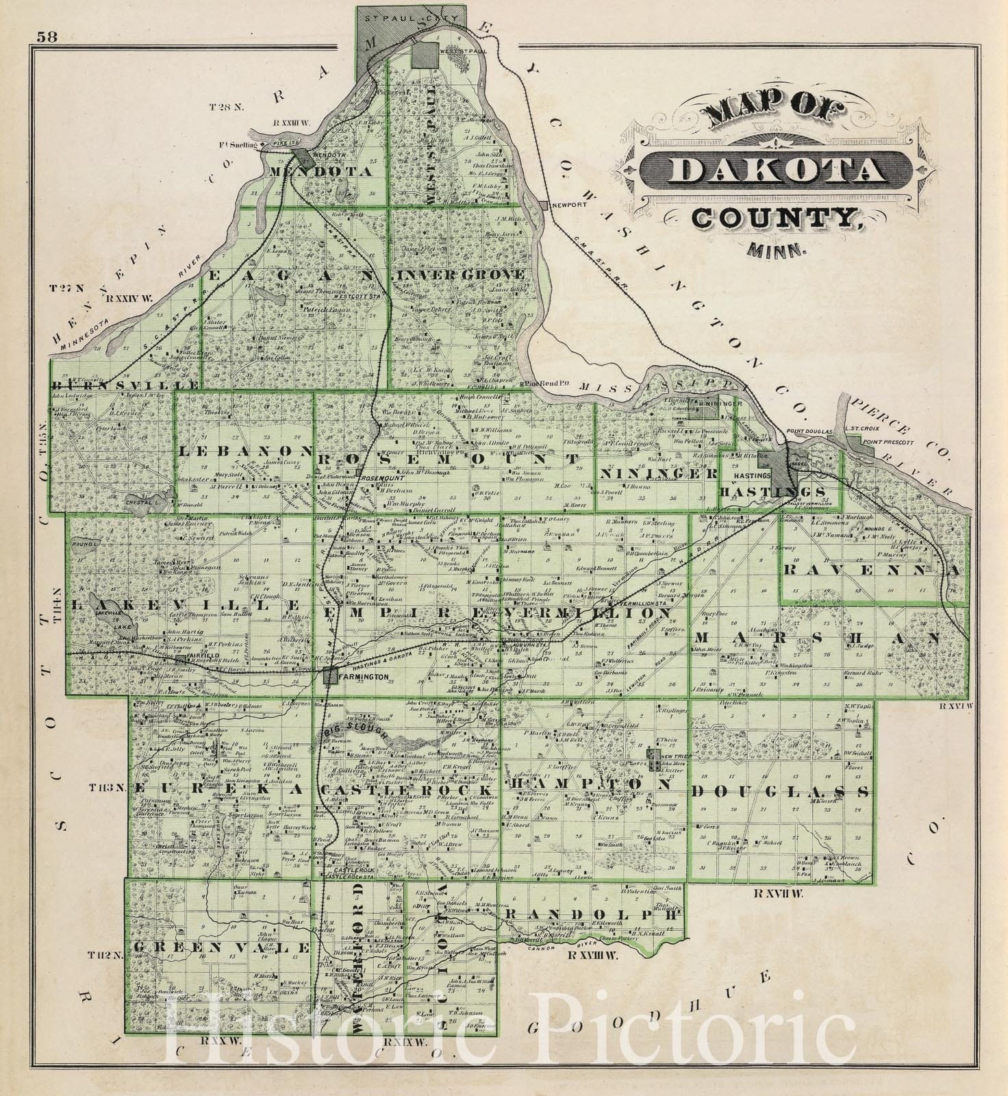 Historic Map : 1874 Map of Dakota County, Minn. - Vintage Wall Art ...