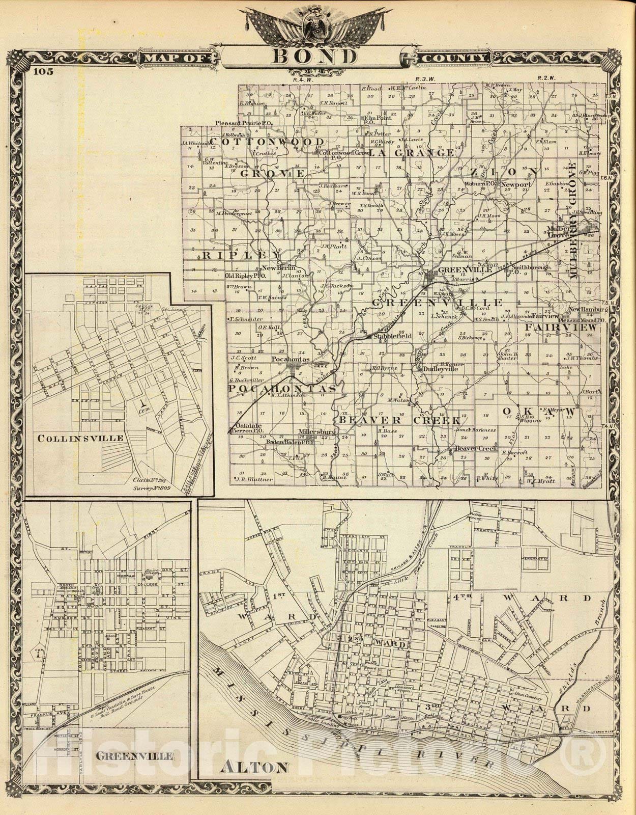 Historic Map : 1876 Map of Bond County, Alton, Collinsville and Greenv ...