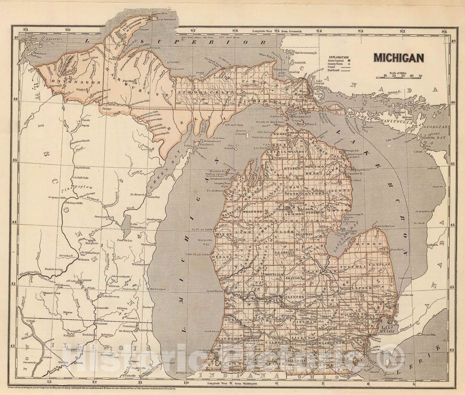 Historic Map : National Atlas - 1845 Michigan. - Vintage Wall Art ...