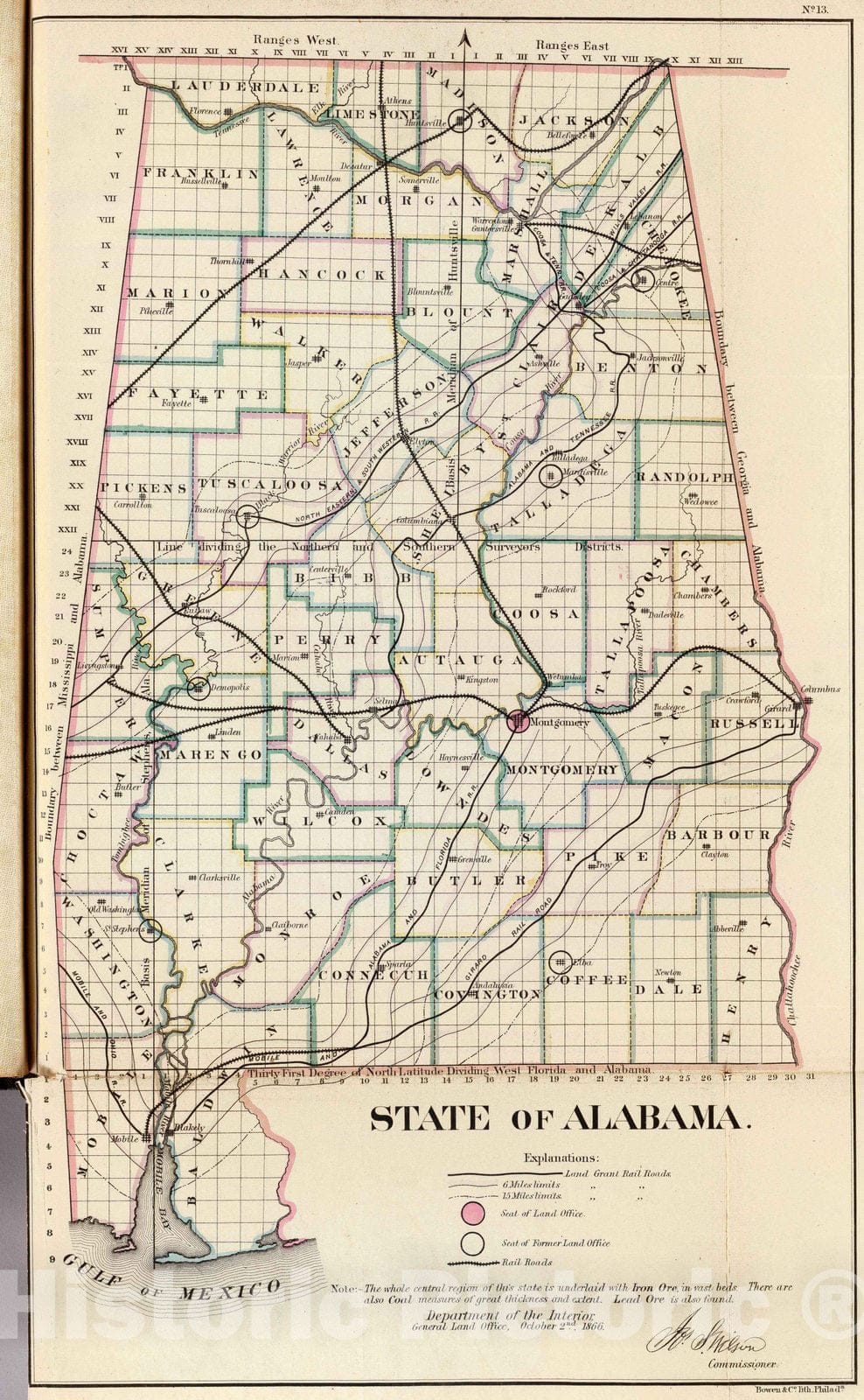 Historic Map : National Atlas - 1866 Alabama. - Vintage Wall Art ...