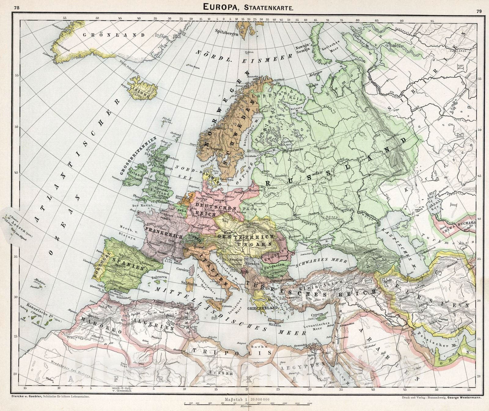 Historic Map : School Atlas - 1896 Europa, Staatenkarte - Vintage Wall ...