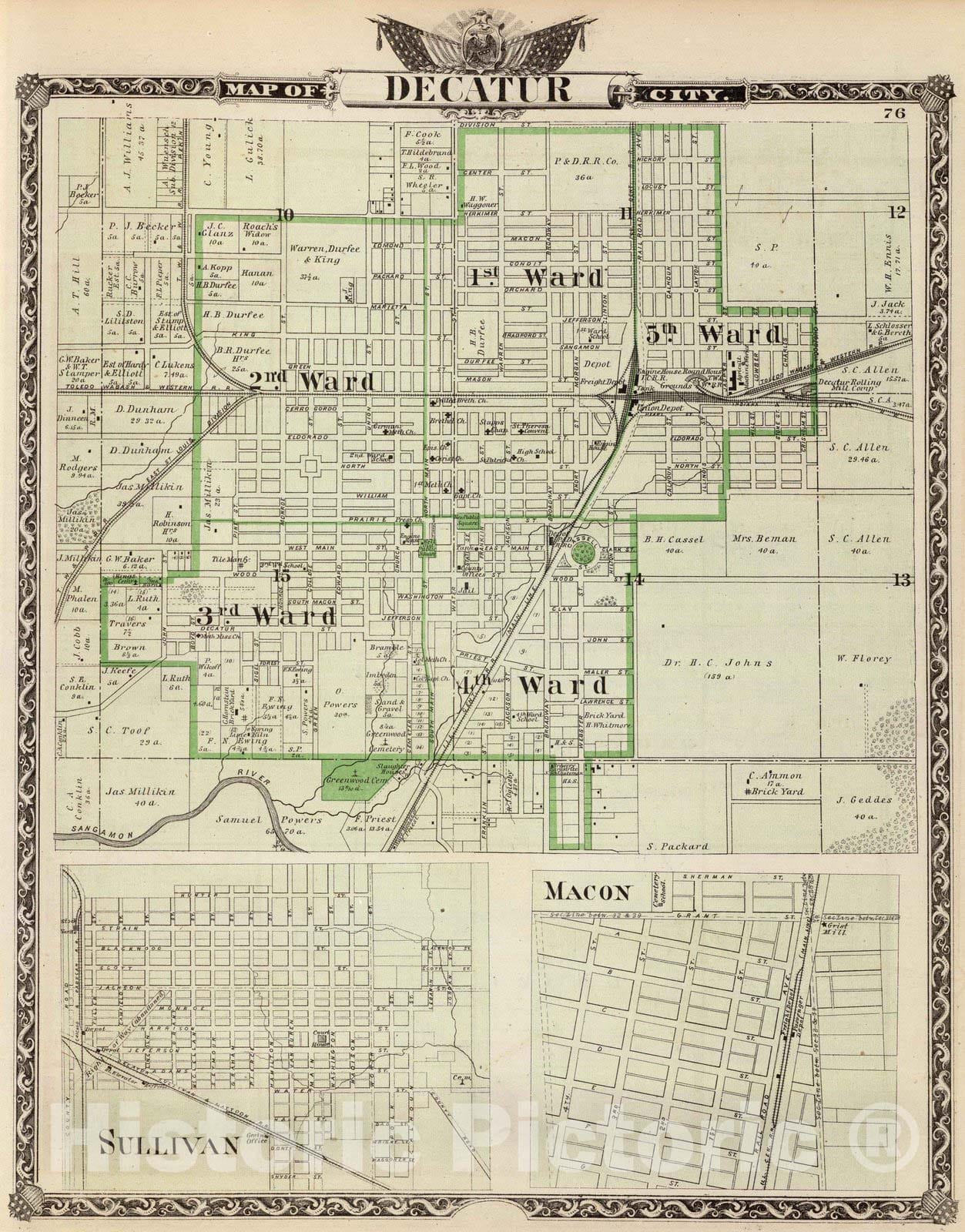 Historic Map : 1876 Map of Decatur City, and Sullivan and Macon. - Vin ...