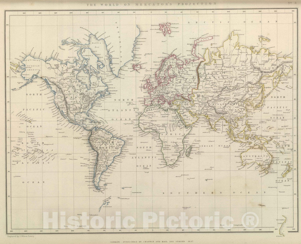 Historic Map - World Atlas - 1847 World in Mercador's Projection. - Vi ...