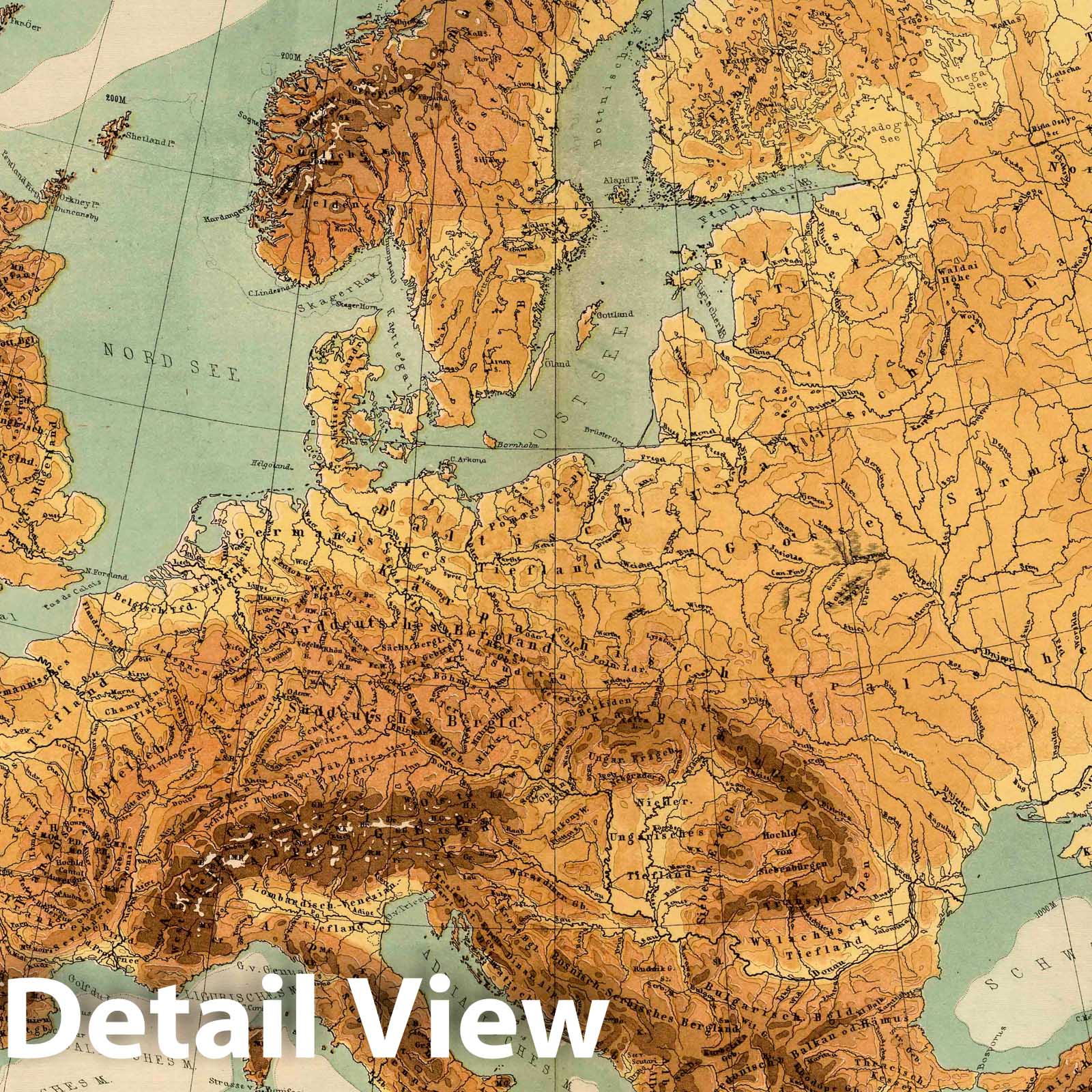 Historic Map : 1886 Europe: Topography and Hydrography. - Vintage Wall ...
