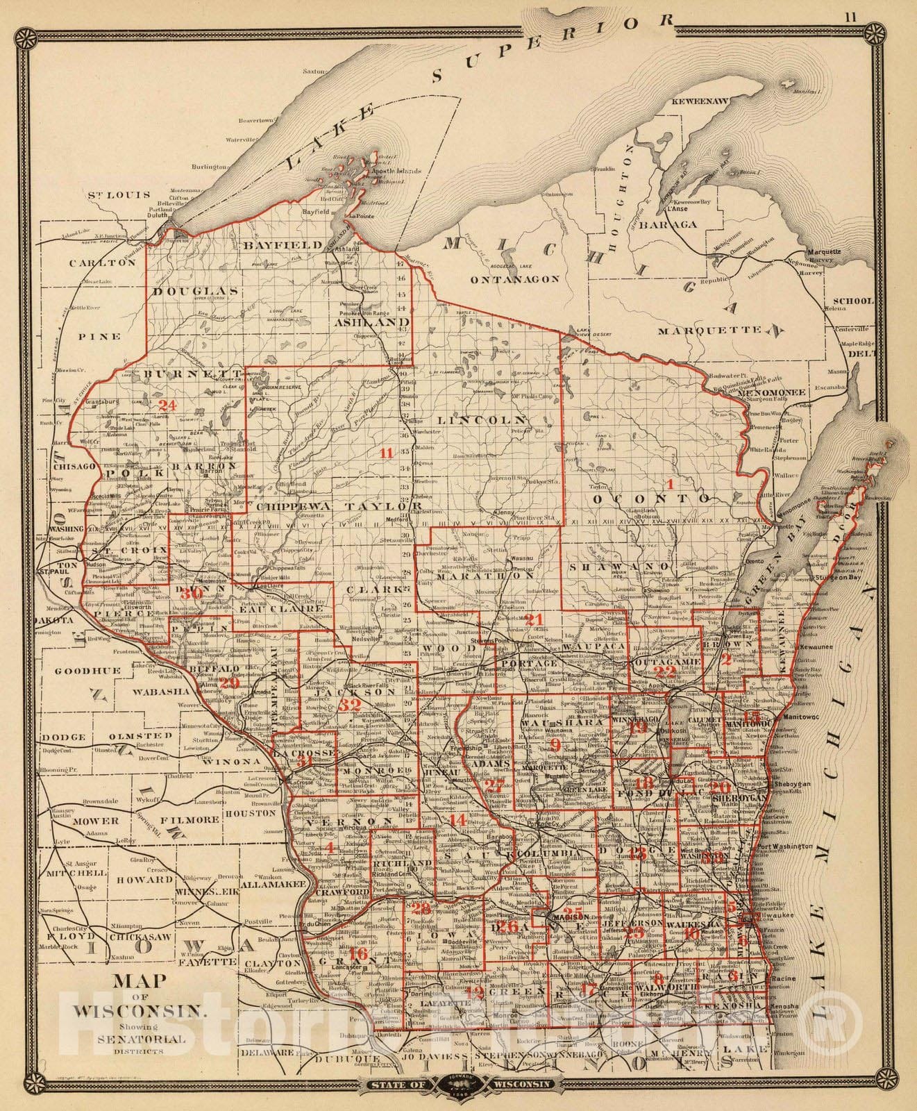 Historic Map : 1878 Map of Wisconsin showing senatorial districts. - V ...