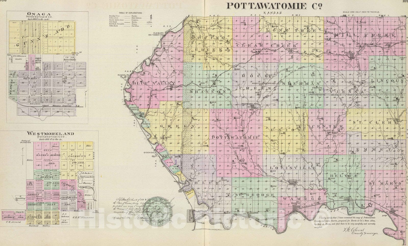 Historic Map : 1887 Pottawatomie Co, Onaga and Westmoreland, Kansas ...
