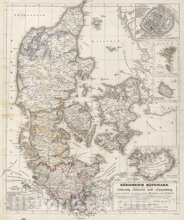Historic Map : Denmark, 1847 Das Konigreich Danemark , Vintage Wall Ar ...