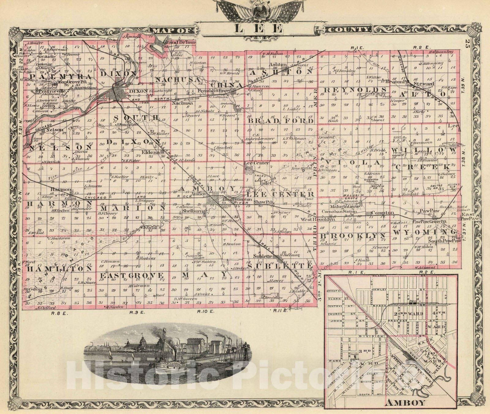 Historic Map : 1876 Map of Lee County and Amboy. - Vintage Wall Art ...