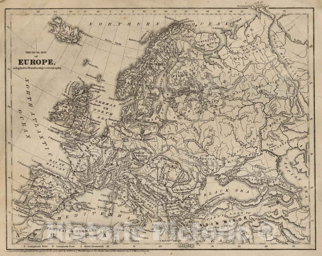 Historic Map : School Atlas - 1845 Physical Map Of Europe - Vintage Wa ...