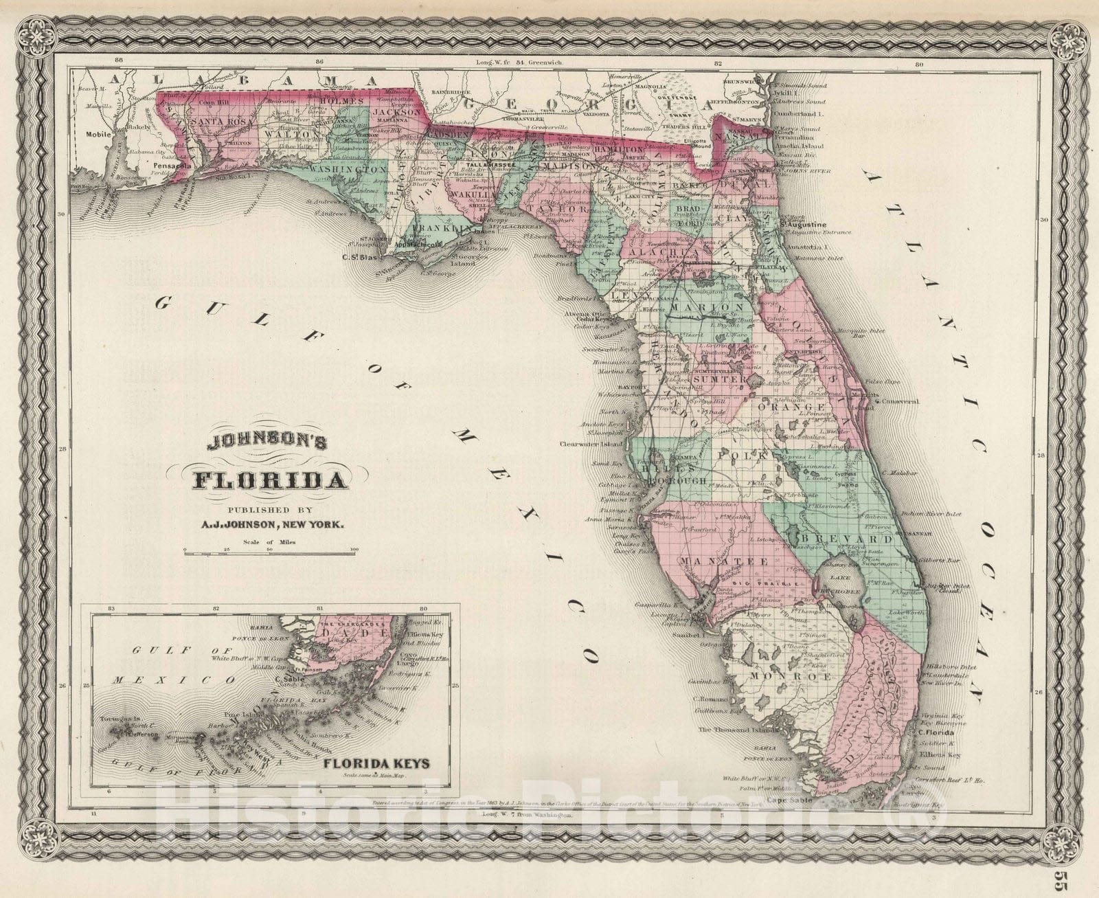Historic Wall Map : 1870 Florida. - Vintage Wall Art – Historic Pictoric