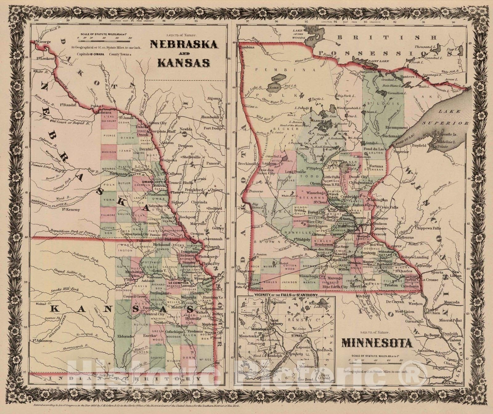 Historic Map : 1858 Nebraska and Kansas. Minnesota. - Vintage Wall Art ...