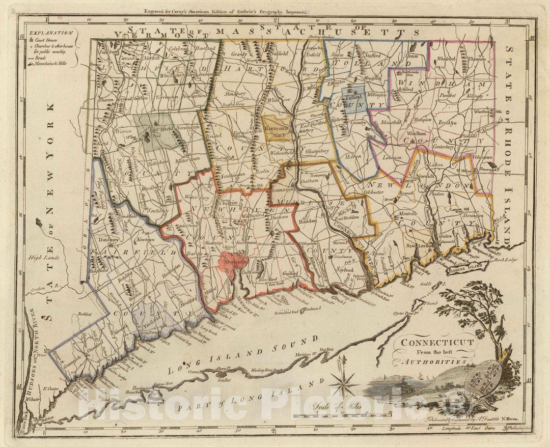 Historic Wall Map : 1811 Connecticut. - Vintage Wall Art – Historic ...